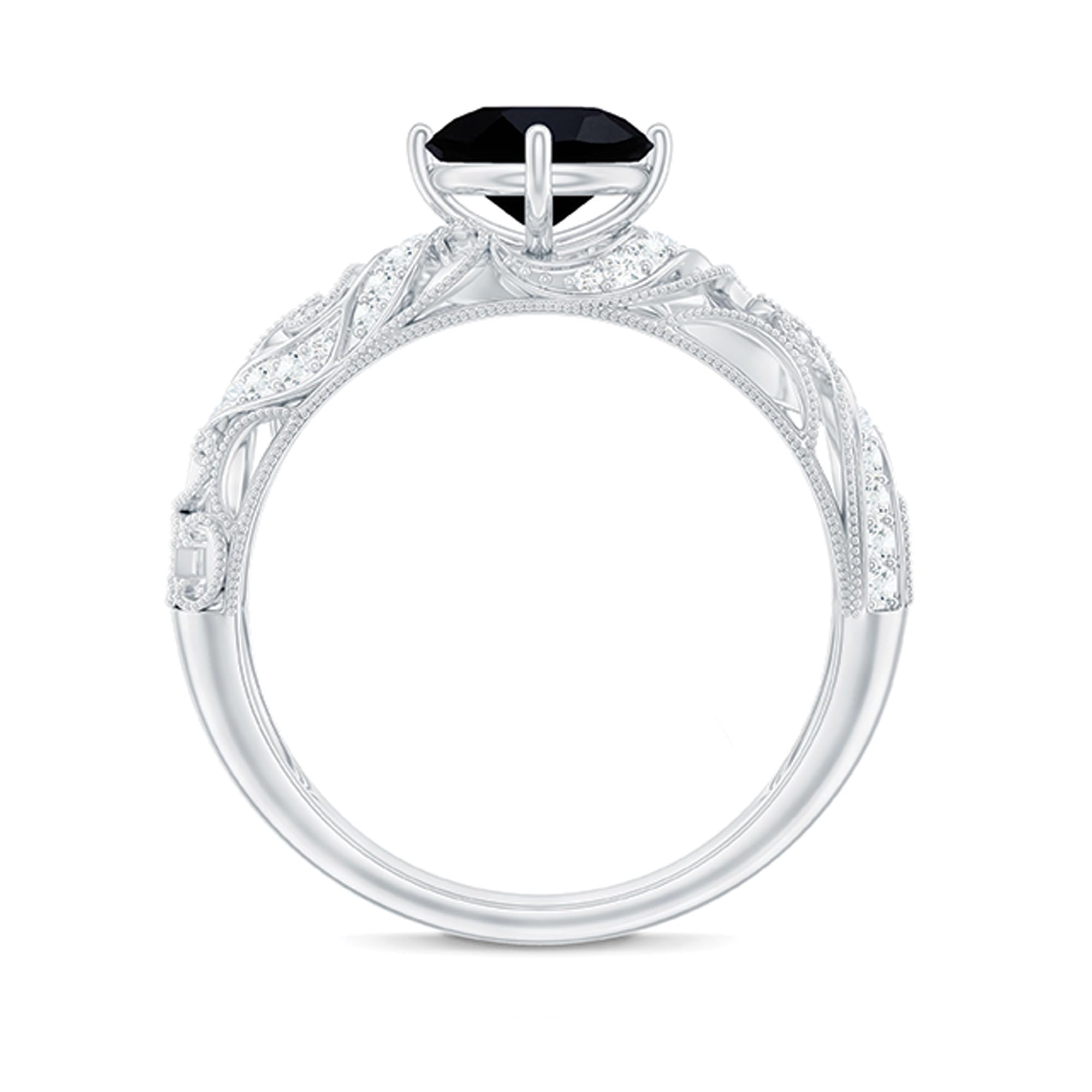 Black Onyx Solitaire Vintage Inspired Engagement Ring with Diamond | 1.50 Cttw | AAA Quality, 14K White Gold, Size:US 7.00