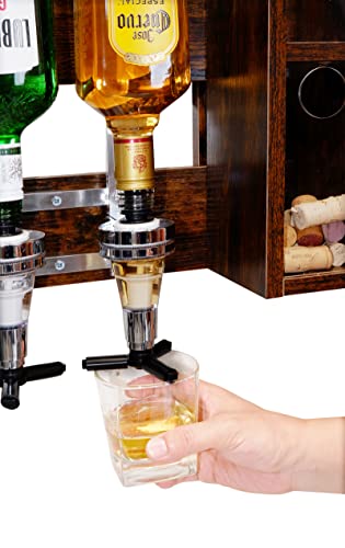 Farmhouse Wine Rack Wall Mounted Wood Wine Shelf with Bottle Stemware Glass Holder Rustic Wine Display Storage Rack with 4-Bottle Liquor Dispenser for Home Bar Kitchen Decor