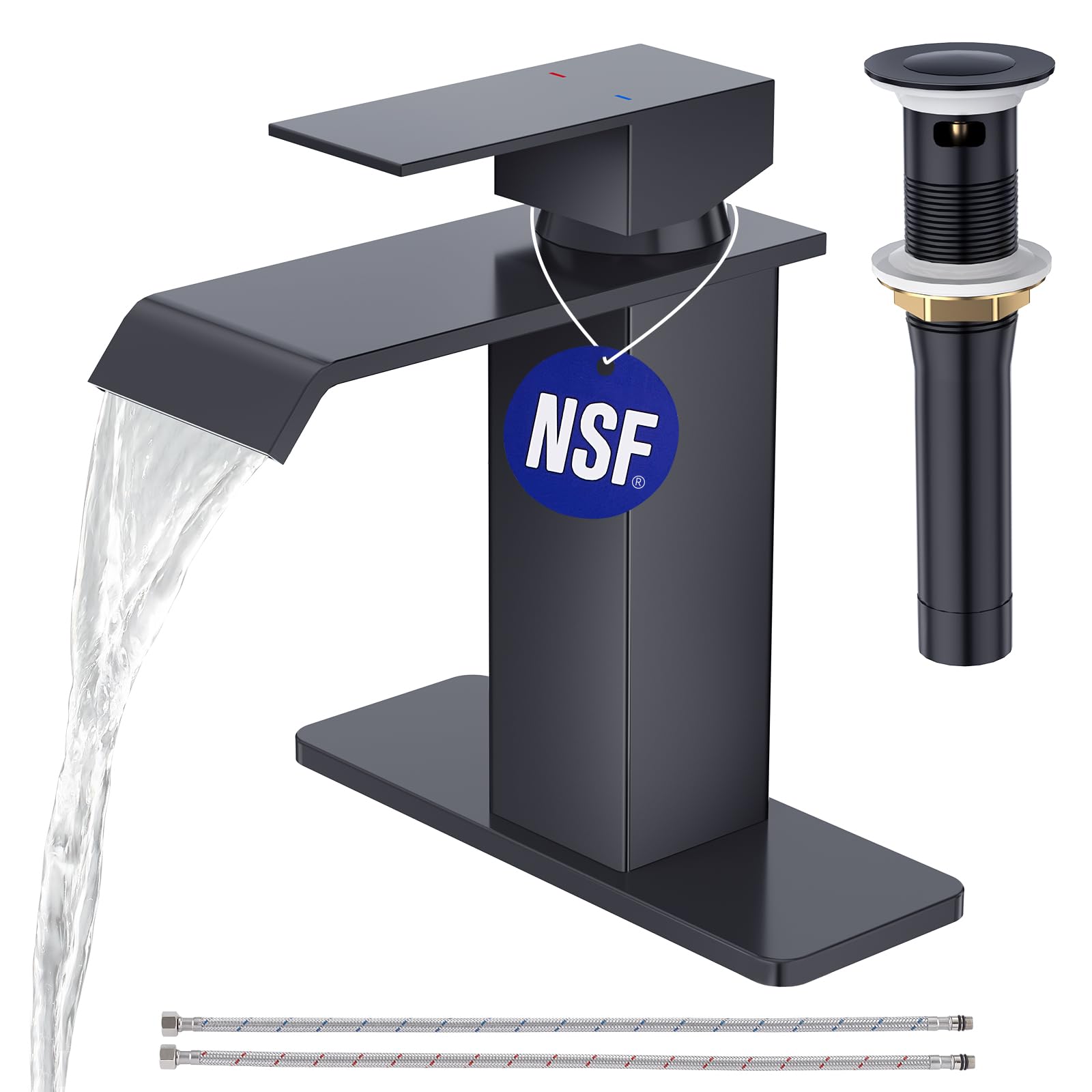 CREA Black Waterfall Bathroom Faucet 1 Hole,Matte Black Bathroom Faucet Single Handle Bathroom Sink Faucet with Pop Up Drain Stopper/ 3 Hole Plate,Stainless Steel RV Vanity Faucet Basin Mixer Tap