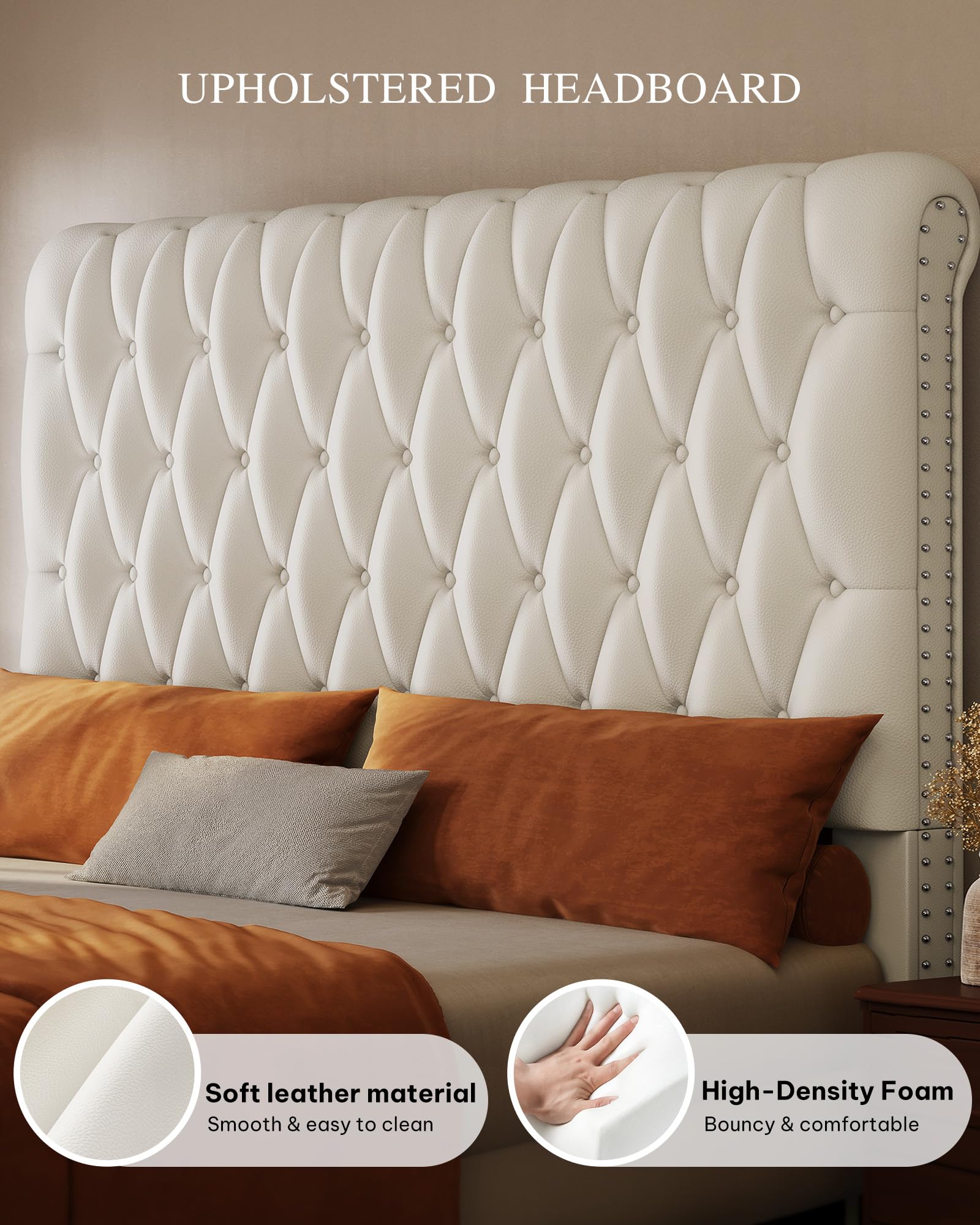 DWVO King Size Platform Bed Frame with 58" Tall Headboard and Footboard, PU Leather Upholstered Platform Bed with Solid Wood Leg, Button Tufted, No Box Spring Needed, Easy Assembly, Beige