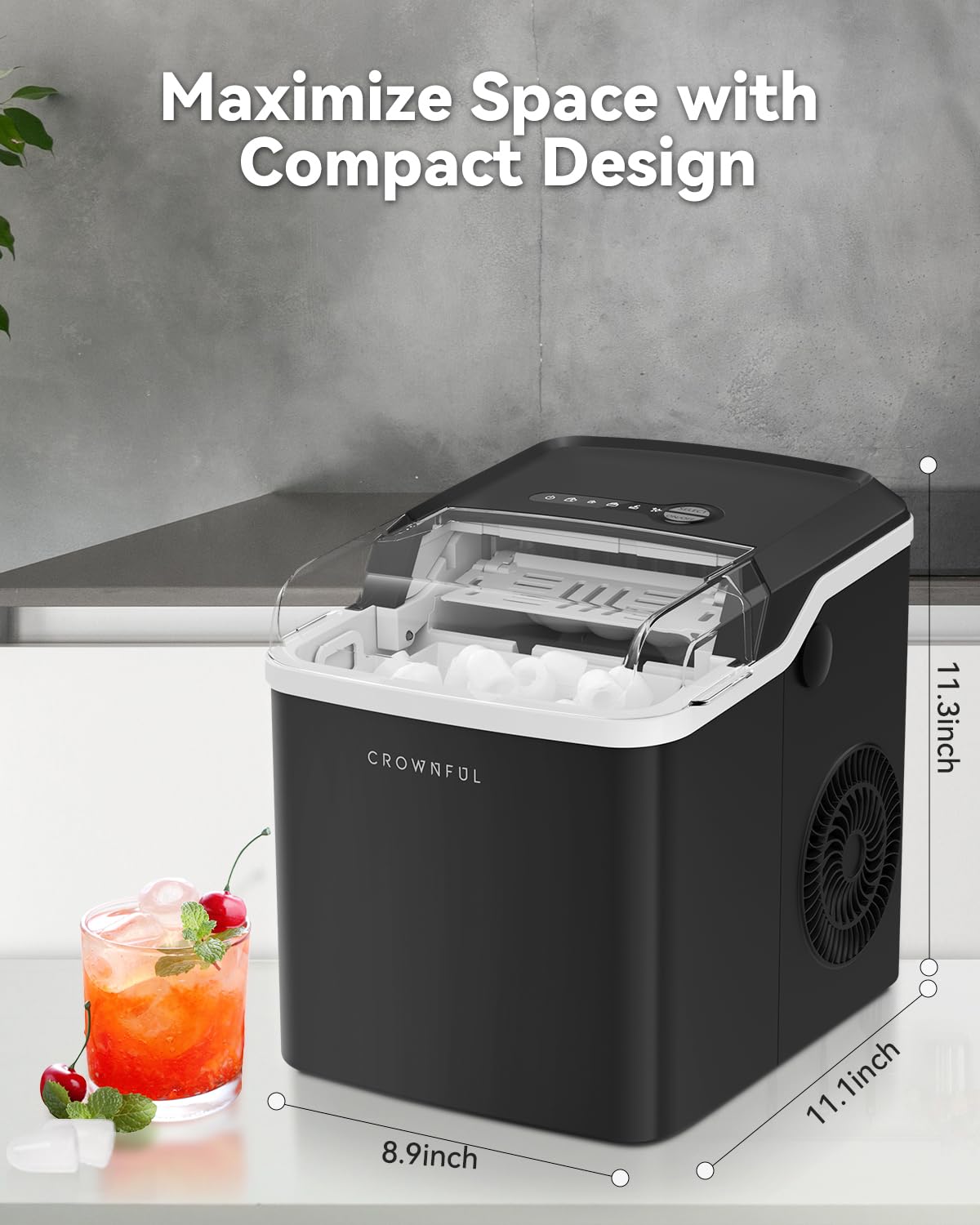 CROWNFUL Ice Maker Machine for Countertop, 9 Bullet Ice Cubes S/L Ready in 7 Minutes, 26lbs/24H, Auto self-Cleaning, Portable Small Ice Maker with Scoop and Basket, Silver