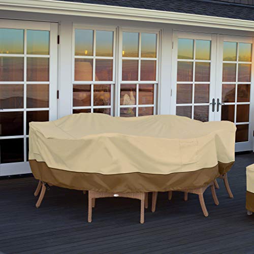 Classic Accessories Veranda Water-Resistant 66 Inch Square Patio Table & Chair Set Cover with Umbrella Hole, Outdoor Table Cover, Pebble