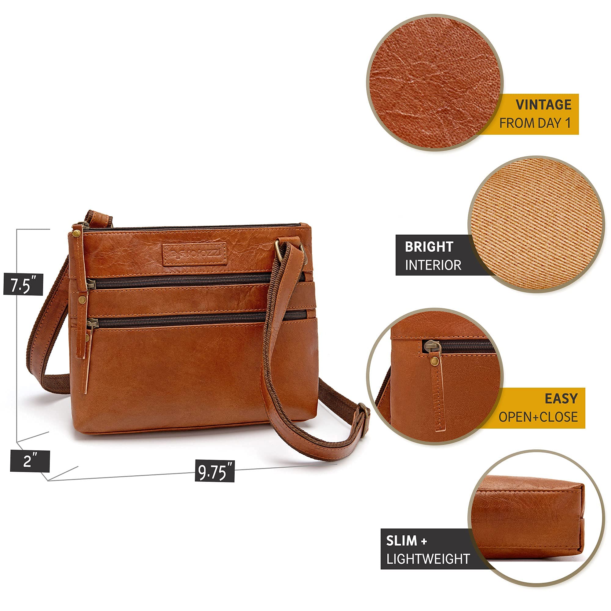 rofozzi Leather Crossbody Bags for Women - Shoulder Handbag and Purse with Triple Zipper Pockets - Small