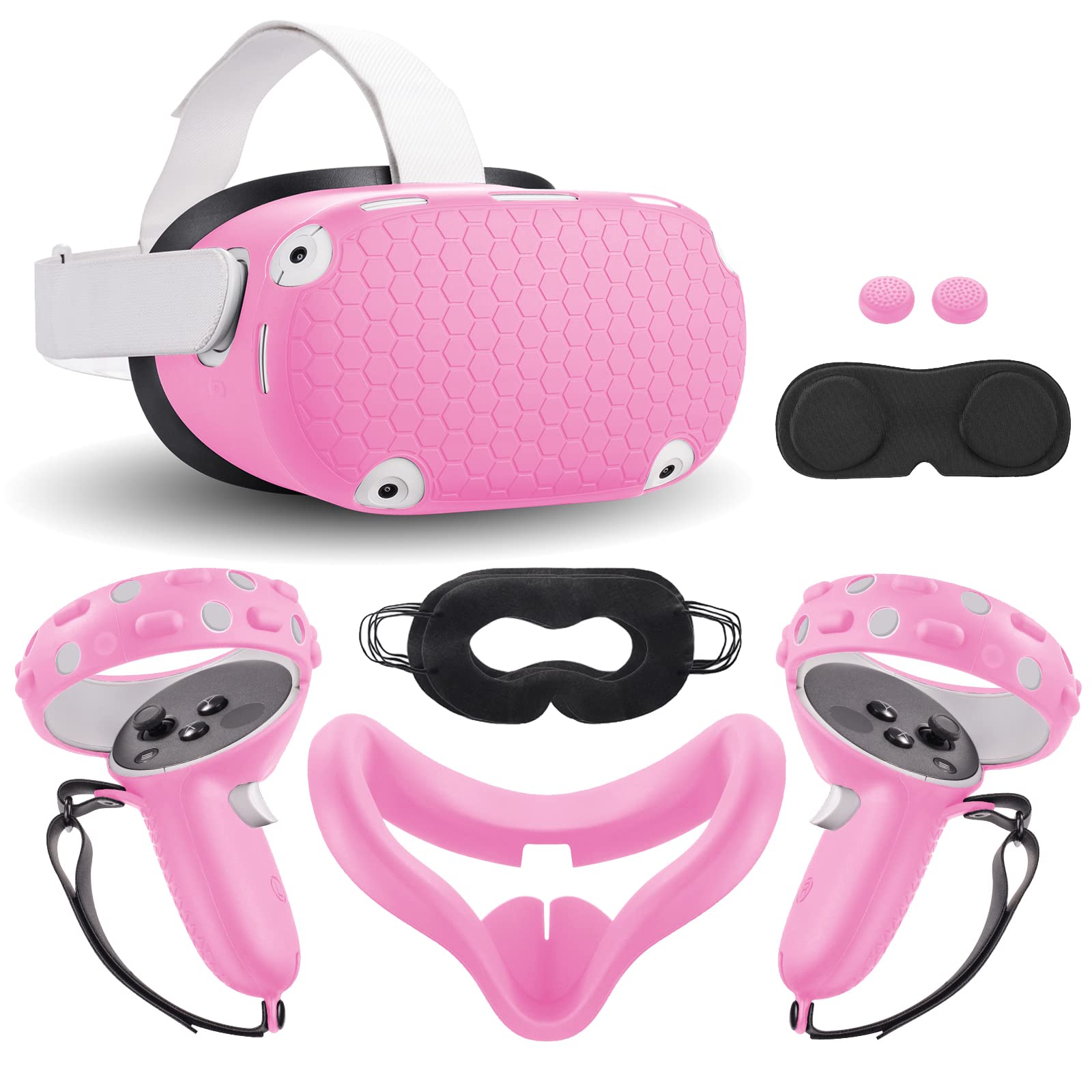 Compatible with Oculus Quest 2 Silicone Case Accessory with VR Case Cover, Silicone VR Face Cover Pad and Touch Controller Grip Cover Compatible with Quest 2, Lens Cover, Eye Mask (Pink)
