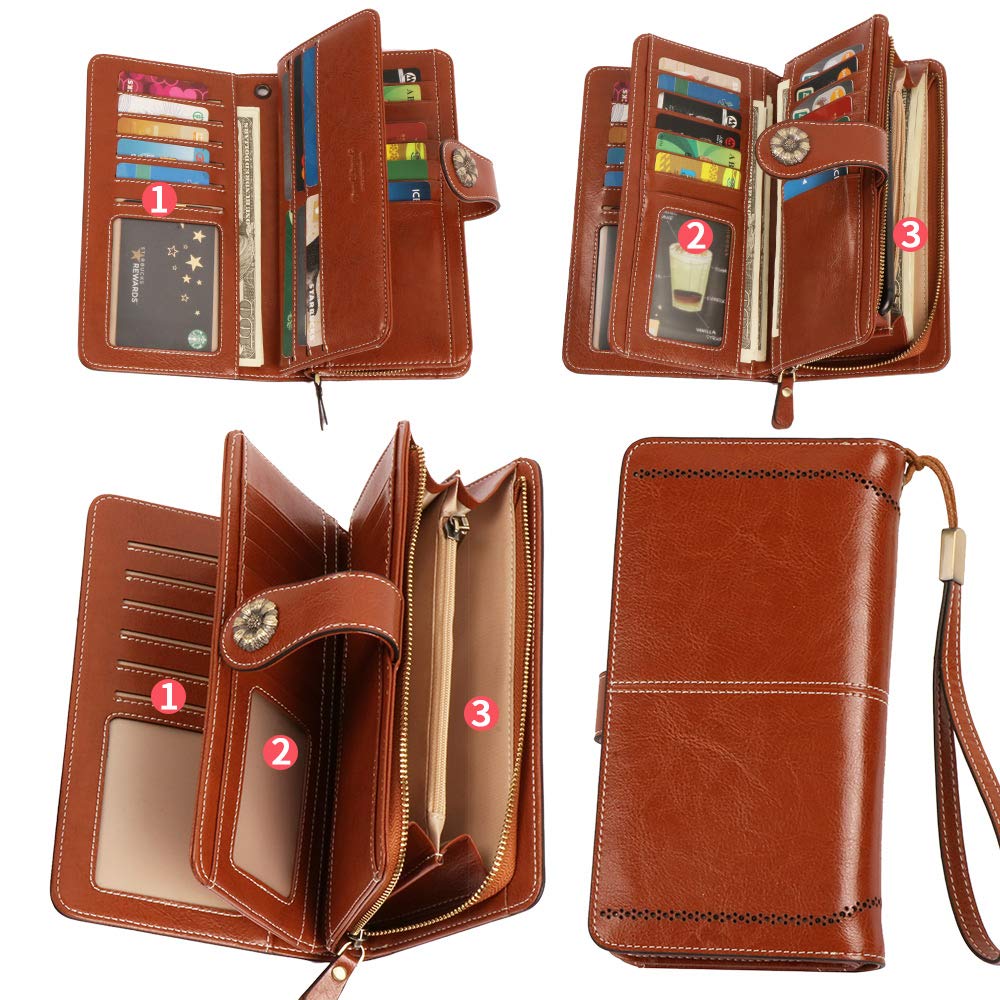 Pearl Angeli Women Wallet Genuine Leather Charming Ladies Wristlet Tri-fold Rfid Blocking Credit Card Holder Organizer Clutch(Brown)