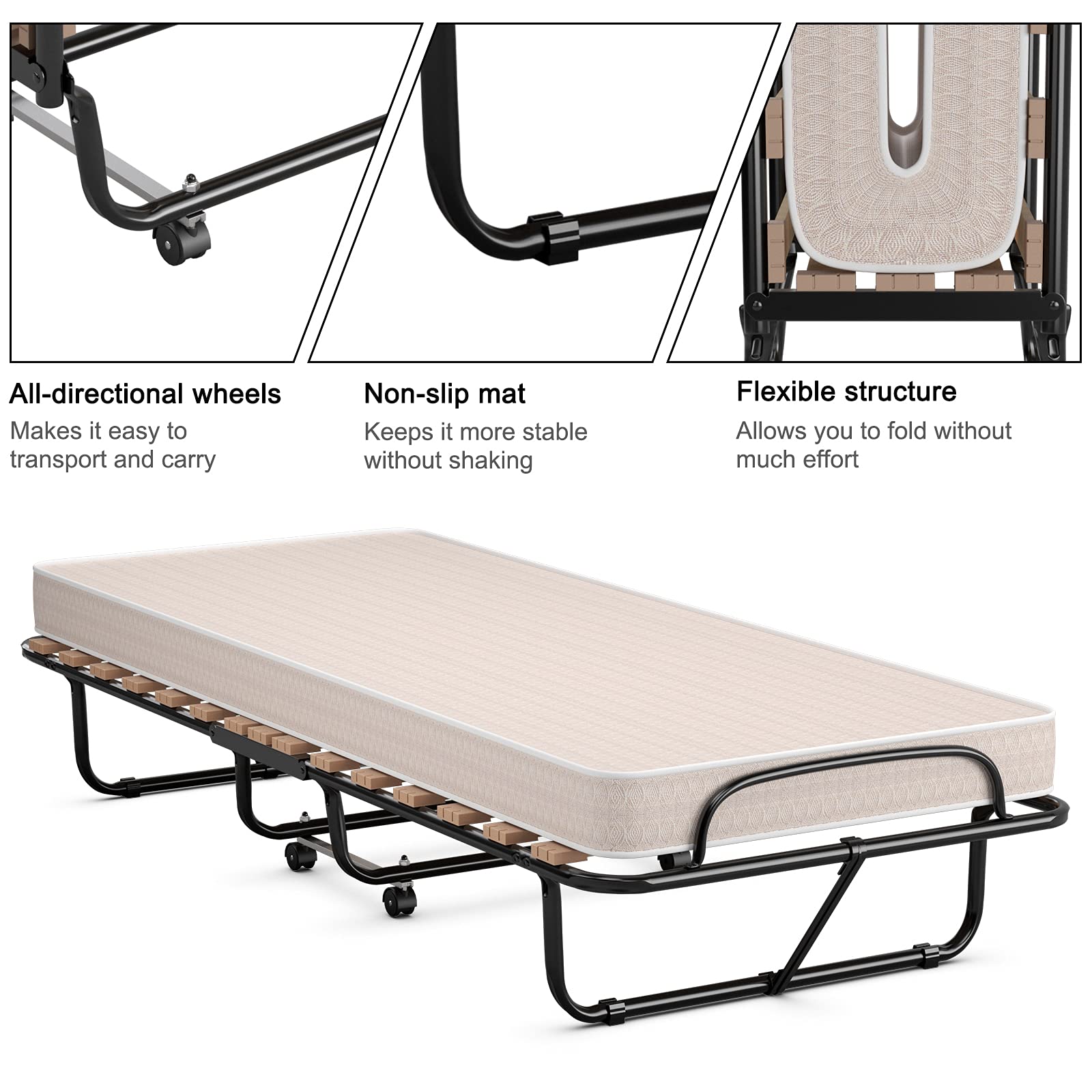 GOFLAME Rollaway Beds with Memory Foam Mattress, Folding Bed Cot Size for Adults, Portable Guest Beds with Sturdy Metal Frame for Spare Bedroom & Office