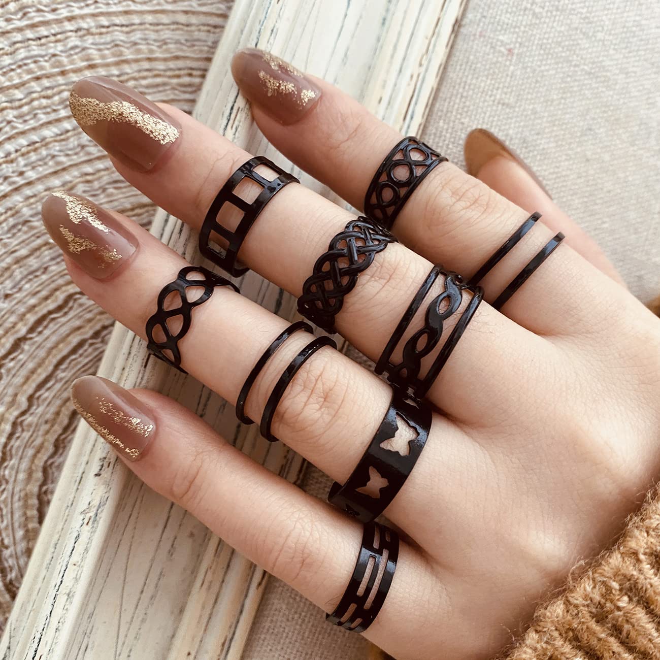 Black Rings for Men Women, Goth Punk Rings Set, Cool Gothic Adjustable Ring Pack, Vintage Stackable Animal Rings Bulk, Vintage Chunky Knuckle Emo Rings, Boho Snake Spider Eboy Open Rings Y2K Accessories (Spider heart)