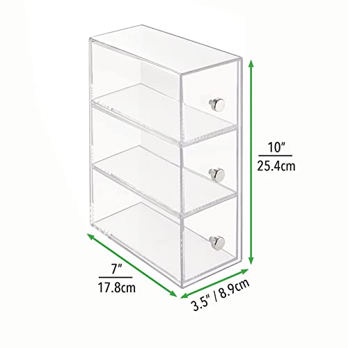 mDesign Plastic Stackable Desktop Organizer Tower Storage Station with 3 Drawers for Home Office - Holds Pens, Sticky Notes, Binder Clips, Notepads, Gel Pens, or Erasers - Lumiere Collection - Clear