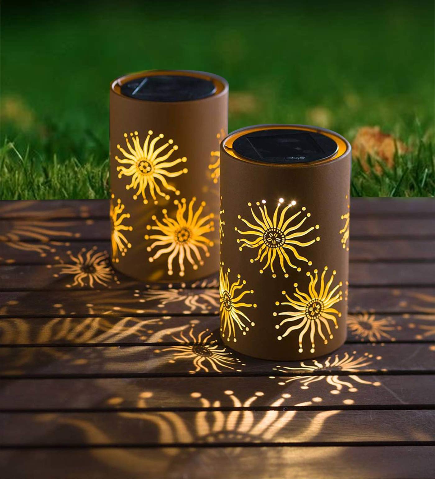 pearlstar Outdoor Solar Table Lamp 2pack Metal Sunflower Shape Solar Lantern Lights, Retro Orange Finish, Outside Decor for Patio Garden Yard Pathway Tabletop Waterproof(Sunflower)