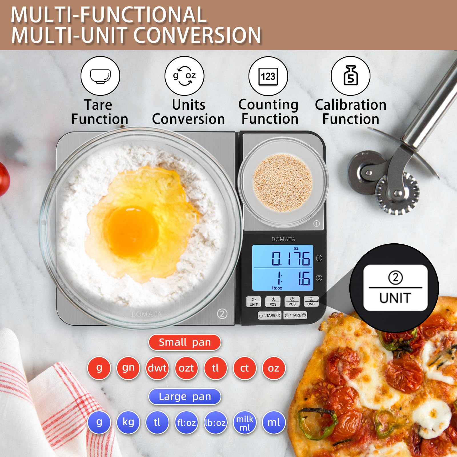 BOMATA Dual Platform Digital Kitchen Scale with Two Precision 0.1g & 0.01g/0.001oz, Max Capacity 11lb/5kg,Tare Function, Units Conversions, Dual-line LCD with Backlit, Stainless Steel, Black