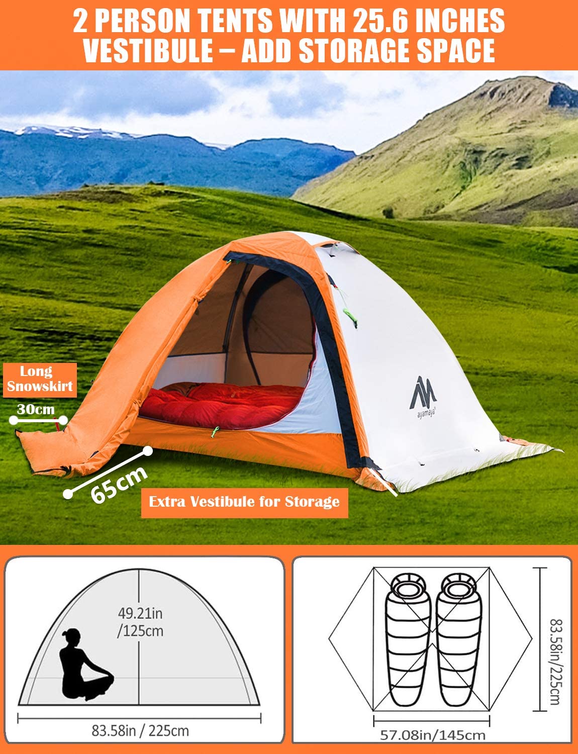 AYAMAYA 4 Season Backpacking Tent 2 Person Camping Tent Ultralight Waterproof All Weather Double Layer Two Doors Easy Setup 1 2 People Man Tents for Backpacker Outdoor Hiking