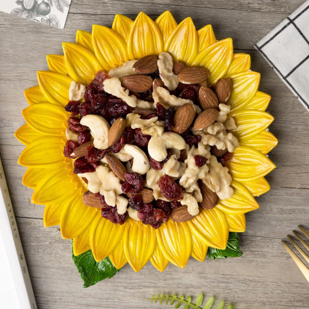 Cabilock Resin Dried Fruit Plate Simulation Plants Nut Dish Decorative Jewelry Tray Candies Snack Serving Plates for Home Party (Yellow Sunflower)