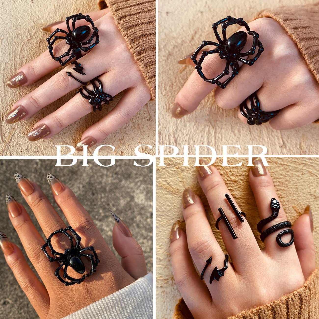 Black Rings for Men Women, Goth Punk Rings Set, Cool Gothic Adjustable Ring Pack, Vintage Stackable Animal Rings Bulk, Vintage Chunky Knuckle Emo Rings, Boho Snake Spider Eboy Open Rings Y2K Accessories (Spider heart)