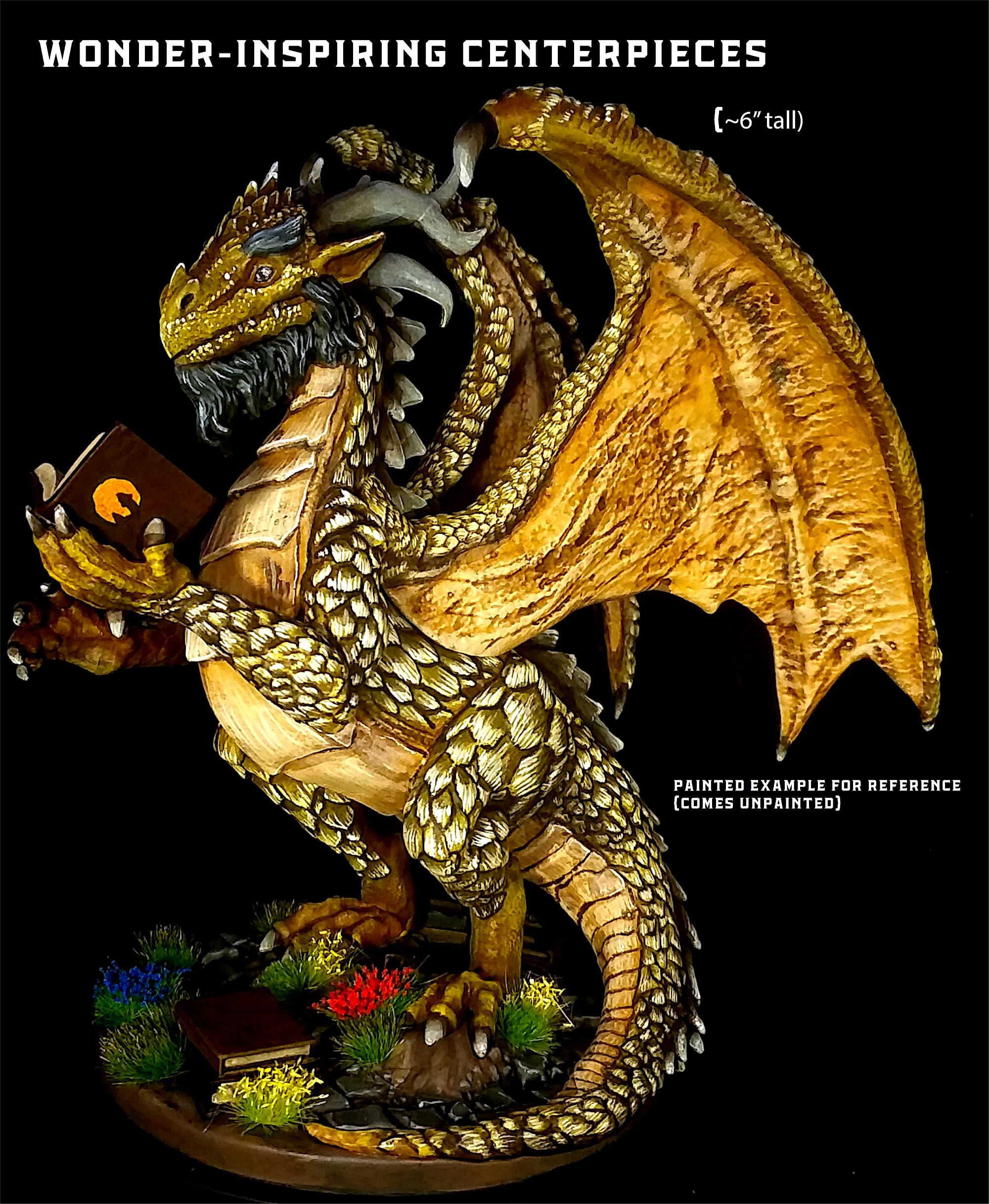Wildspire Fantasy Bookish Dragon Paintable DND Miniature Huge 6" D&D Dragon Mini 28-32mm Dungeons and Dragons Figure for Fantasy Tabletop Miniatures and Accessory, Partially Assembled for TTRPG