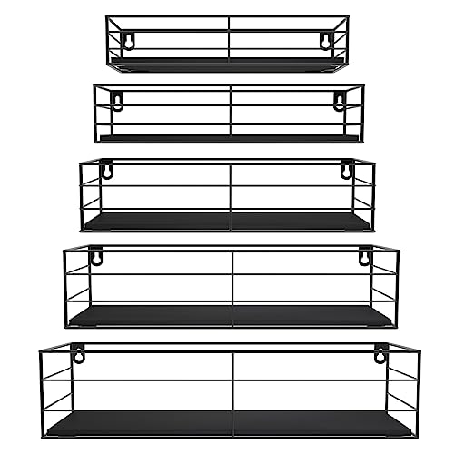 CRUGLA Floating Shelves Wall Mounted Set of 5, Black Hanging Storage Wall Shelf for Bathroom, Kitchen, Bedroom, Living Room Home Decor
