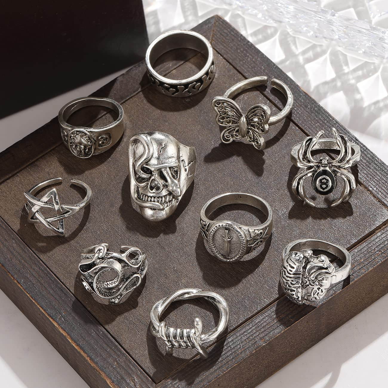 Black Rings for Men Women Girls, Goth Punk Rings Set, Cool Gothic Adjustable Ring Pack, Vintage Stackable Animal Rings Bulk, Vintage Chunky Knuckle Emo Rings, Boho Snake Spider Eboy Open Rings Y2K Accessories (Big silver punk rings-24 pcs)