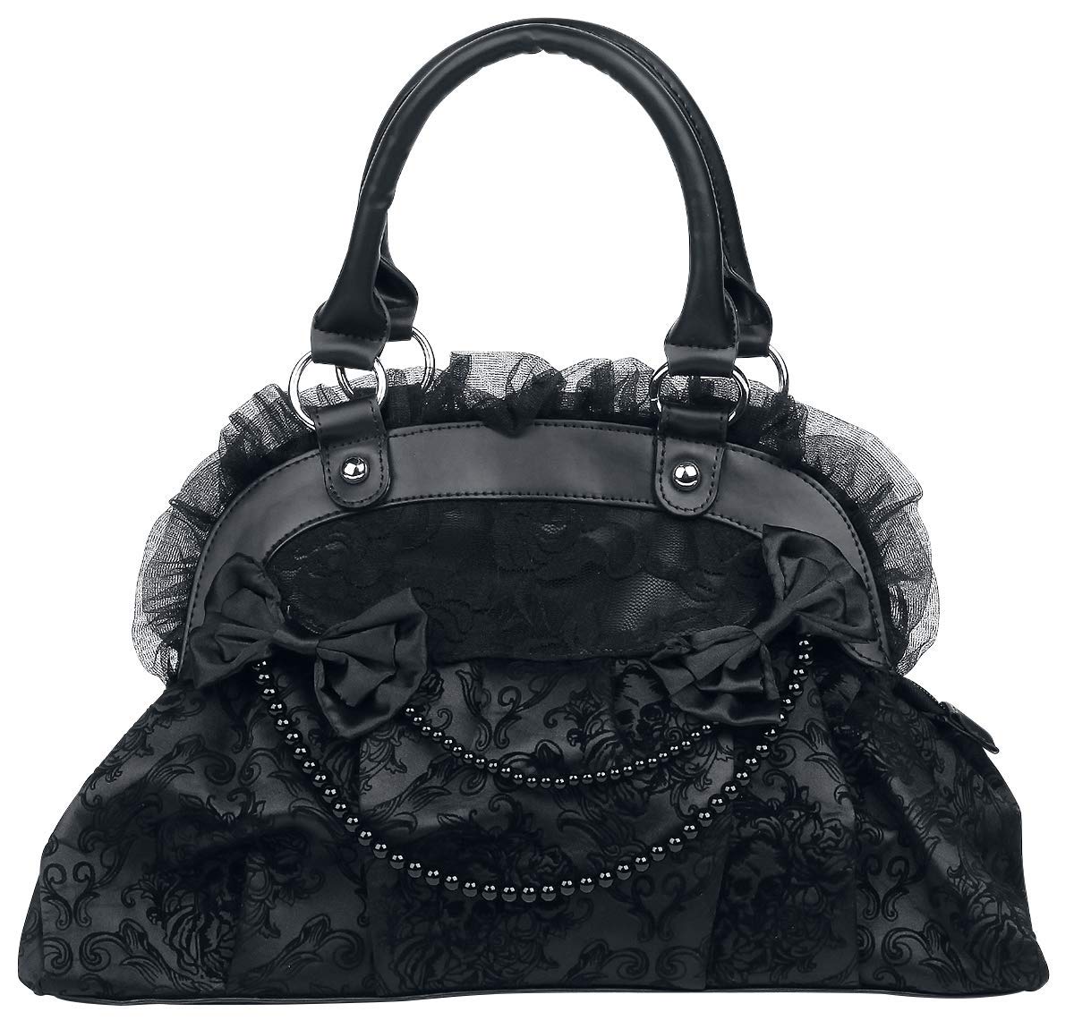 Lost Queen Reinvention Victorian Gothic Handbag Flocked Skulls with Bows and Lace Bag Women's 15" Purse