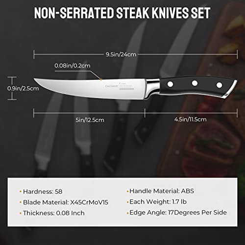 OAKSWARE Steak Knives, Non Serrated Steak Knife Set of 4, 5 Inch German Steel Steak Knife Set, 4 Pieces Professional Straight Edge Kitchen Table Dinner Knives - Full Tang Ergonomic Handle