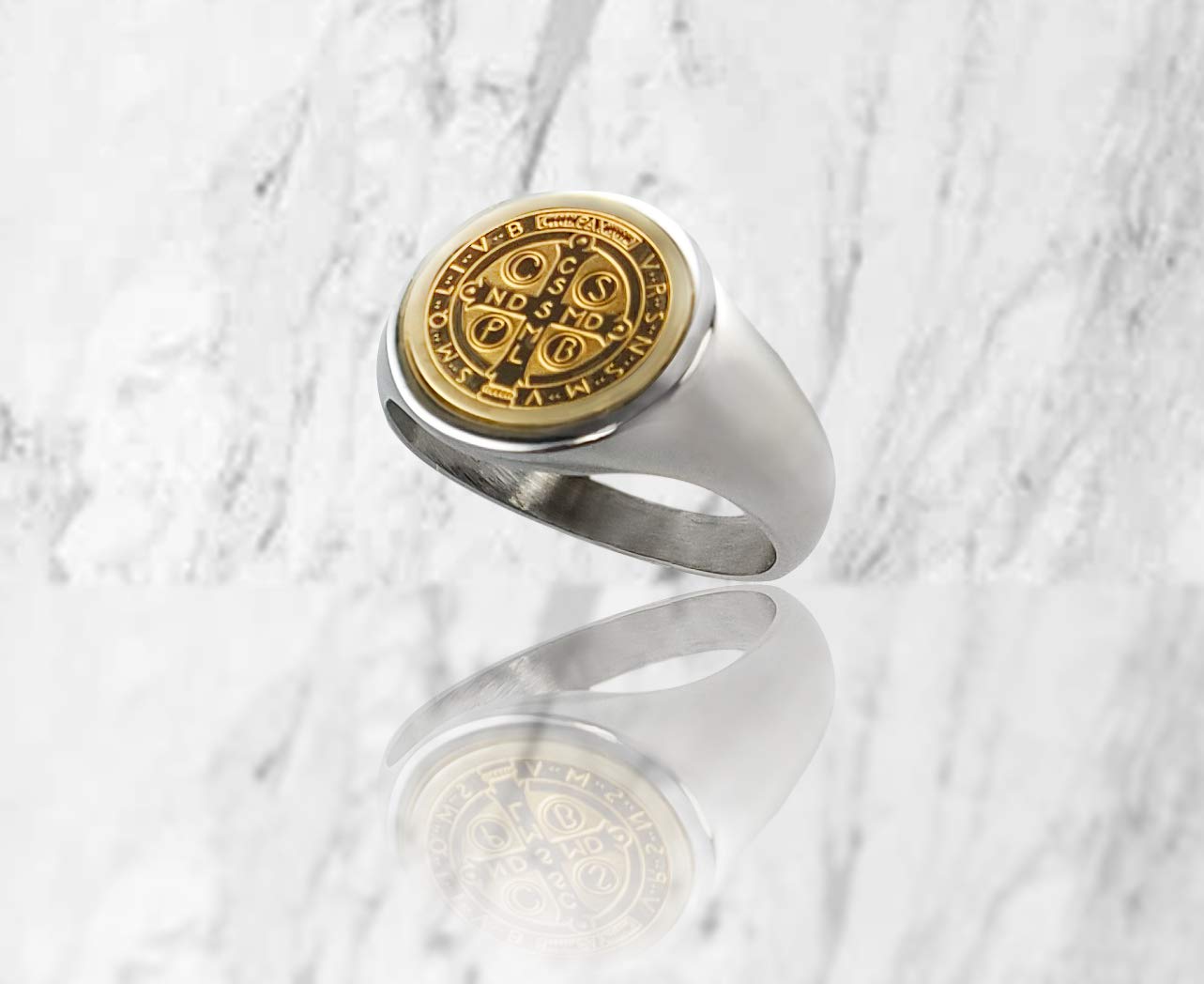 Catholic Unisex Gold Saint Benedict Ring Stainless Steel Catholic St Benedict Ring-St Benedict Holy Prayer Card Included (Gold) (6)