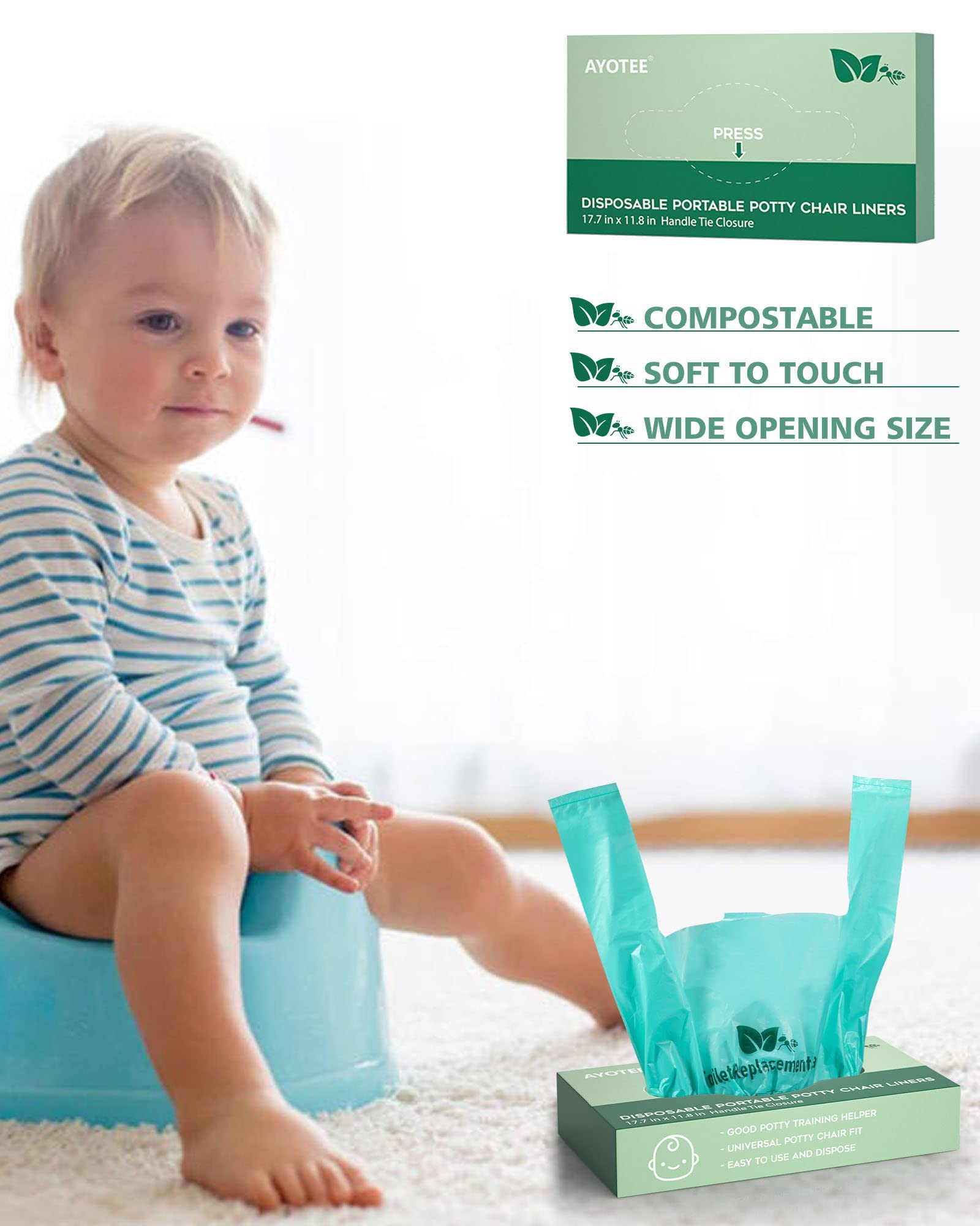 Compostable Disposable Potty Liners for Toddlers,AYOTEE 2 Gallon 100 Counts Compost Portable Potty Bags Potty Training Bags, Compatible Bedside Commode Liners Potty Chair Liners, Toilet Bags for Kids