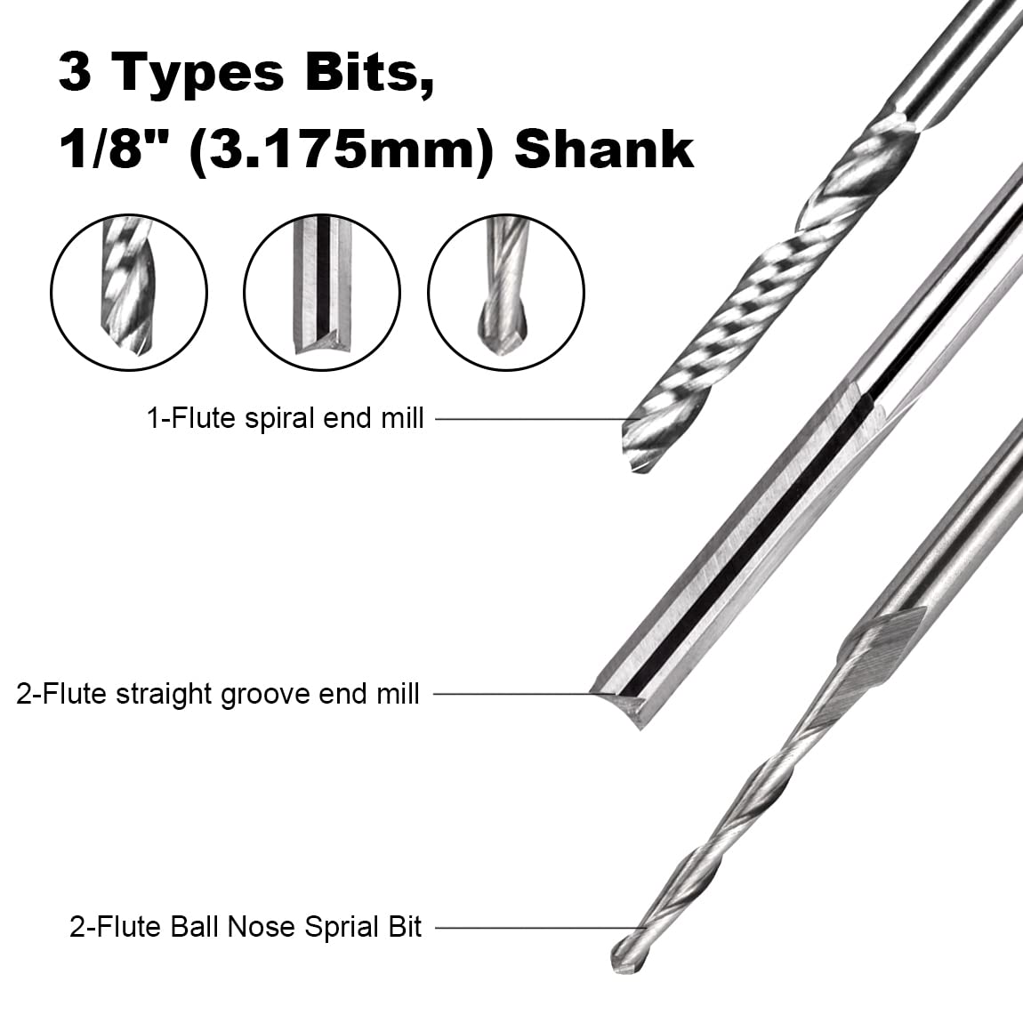 CBRIGHT 9 PCS Carbide END Mill Cutter, 3 PCS 1/8" CNC Router Bits Single Flute Tools + 6 PCS 2 Flute Edged Milling Cutter(2 Types) for Nylon, Resin, ABS, Acrylic, PVC, MDF, Hardwood