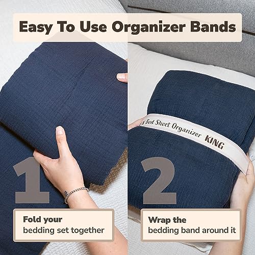 ECOHomes Bed Sheet Organizer and Storage Label Bands | Sheets Set Organizers for Linen Closet - Elastic Bedding Sheet Keepers Straps for Foldable Bedsheet, Pillow Case, Duvet (King 4PCs Pack | Cream)