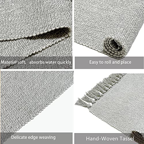 JE JOUE Boho Bathroom Rug 2'x3' Grey,Hand Woven Tassel Solid Color Area Rug, Washable Bedroom Runner mat for Laundry Kitchen Outdoor Bathroom Dorm entryway