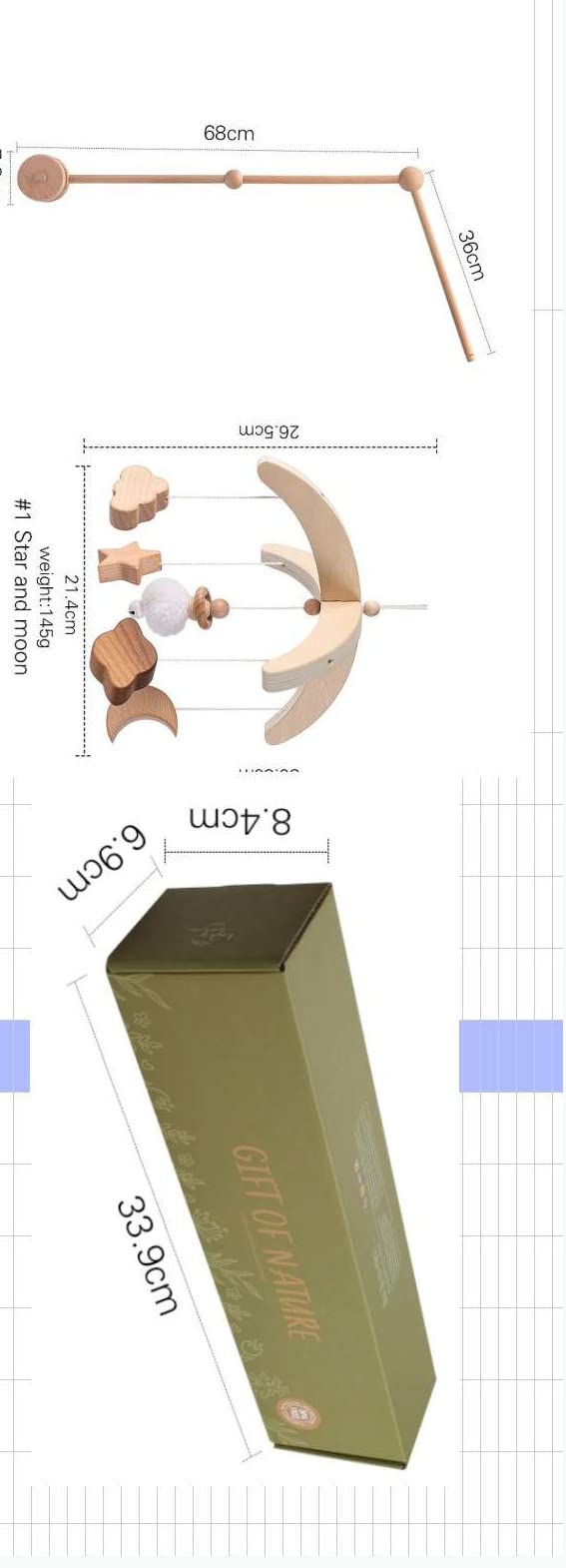 Crib Mobile, Wooden Moon & Star W/ Mounting Arm Bed Bell, Brown/White, 100.0 Count