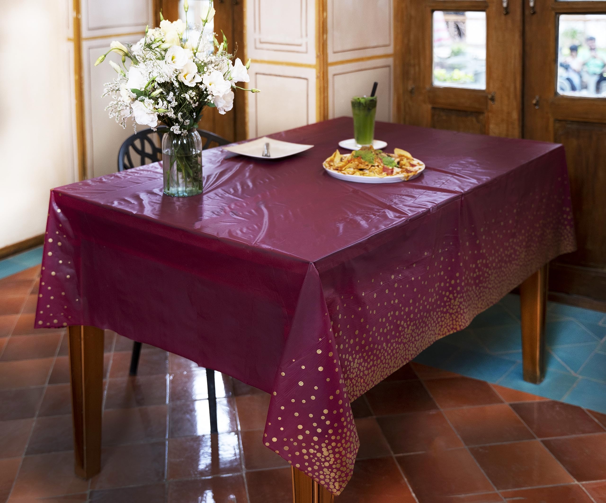 Neatiffy 54 x 108 Inch Rectangle Plastic Table Cloth Picnic/Camping/Birthday Party/Banquet Table Cover. Disposable/Reusable Tablecloths - Burgundy with Golden Dot