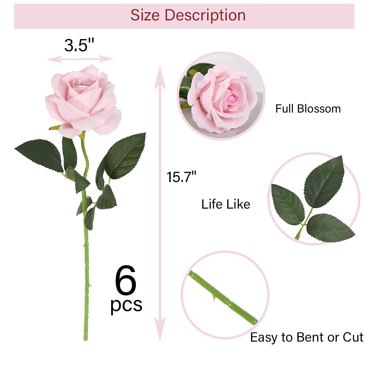 Louiesya Artificial Flowers Bouquet Silk Roses 6 Pcs Fake Flowers Real Touch Bridal Wedding Bouquet for Home Garden Party Floral Decor(Light Pink)