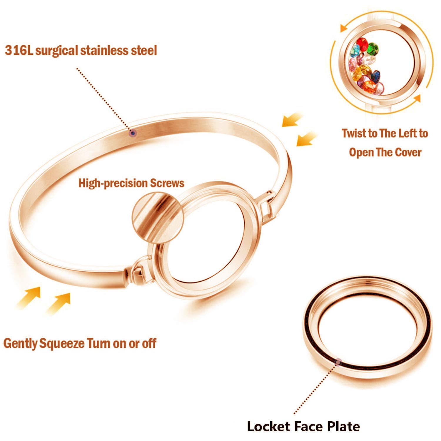 BG247 Stainless Steel 30mm Glass Floating Memory Living Locket Bangle Bracelet (Rose Gold Rhinestone Circle, 8)