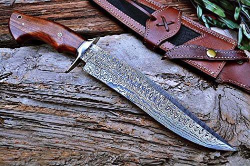 BIGCAT ROAR Handmade Damascus Hunting Knife - Bushcraft Fixed Blade Hunting Knife with Sheath and Walnut Wood Handle - 15″ EDC Skinning Knife - Screaming Eagle
