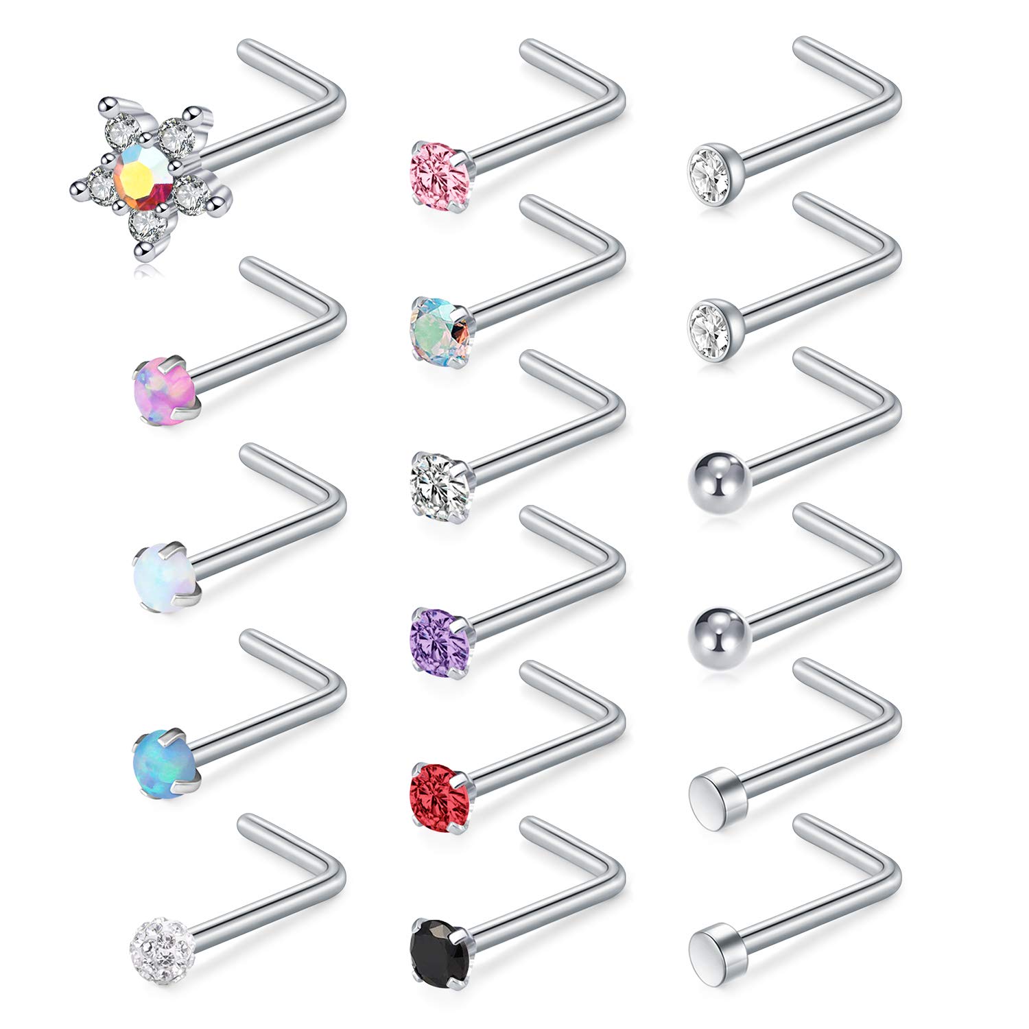 AVYRING 18G Nose Studs Nostril Ring L Bar Shape Surgical Steel Piercing Jewelry for Women Nose Rings Studs CZ 1.5mm/2mm/2.5mm/3mm