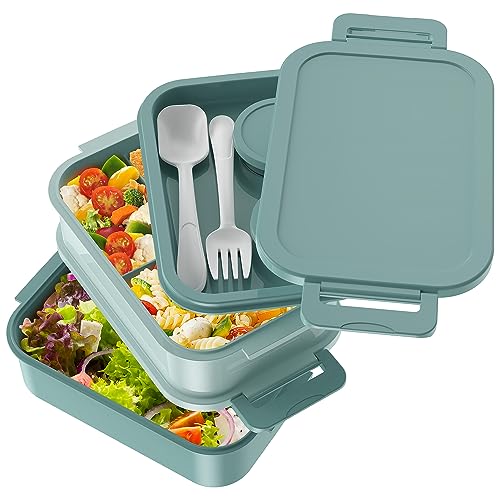 Jelife Bento Box Adult Lunch Box - 72oz Stackable Bento Lunch Box for Adults, 3 Layers Leak-Proof All-in-One Large Bento Box Lunchbox with Utensil Sauce Dressing Containers for Dining Out,Work, Green