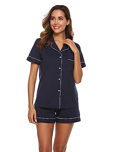 EA'S SECRET Womens Pajamas Set 100% Cotton Soft Short Sleeve Sleepwear Button Down Nightwear Summer Pj Sets S-XXL(Navy Blue,M)