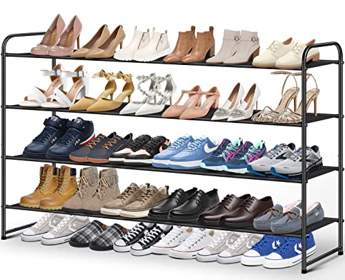 KIMBORA 4 Tier Long Shoe Rack for Closet Floor,Wide Shoe Shelf Storage Organizer Stackable Shoe Organizer for Closet, Bedroom 30-Pairs (Black)