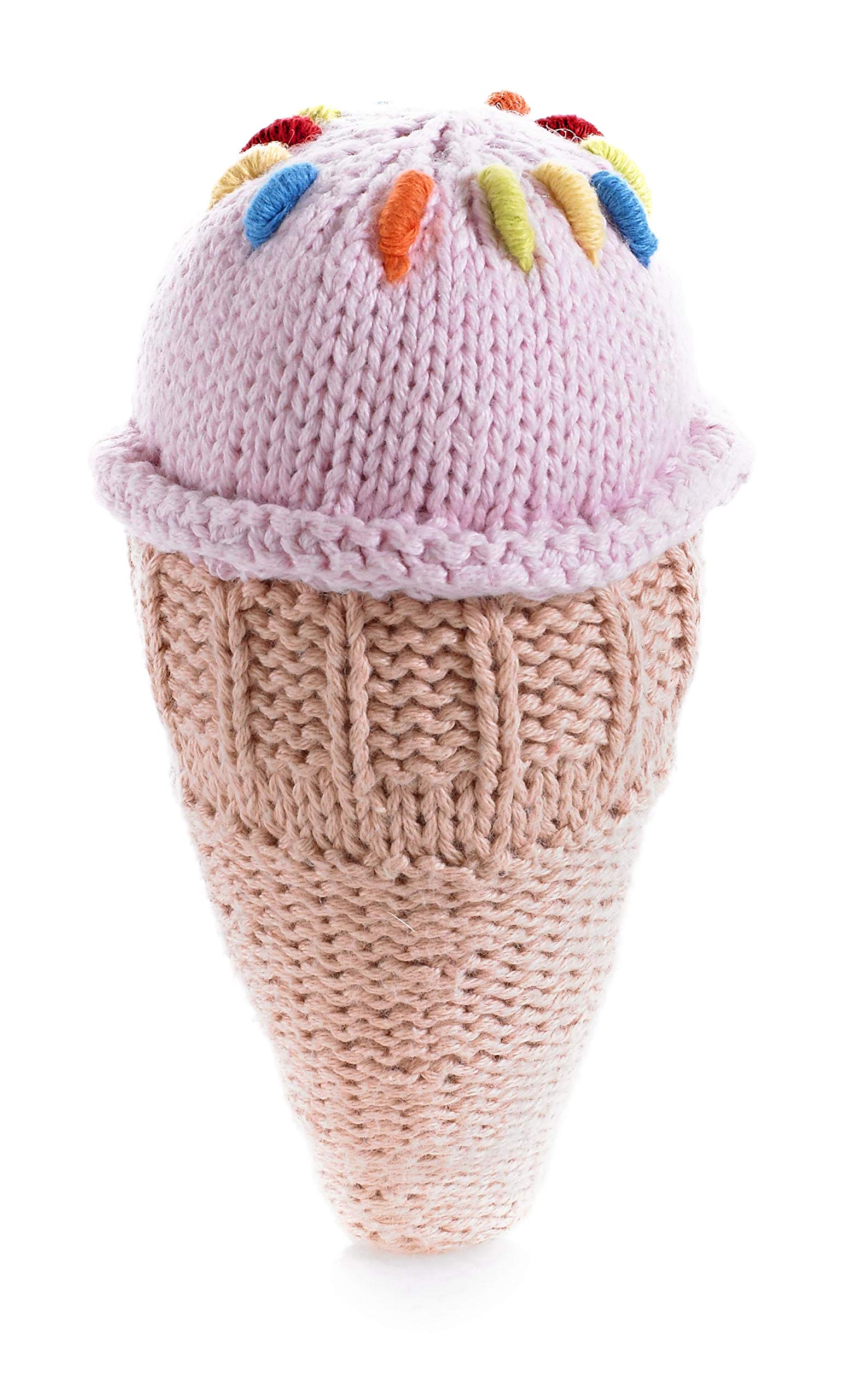 Pebble | Handmade Ice Cream Cone Baby Rattle with Sprinkles—Pink/Strawberry | Knitted Baby Toy | Fair Trade | Play Food | Machine Washable