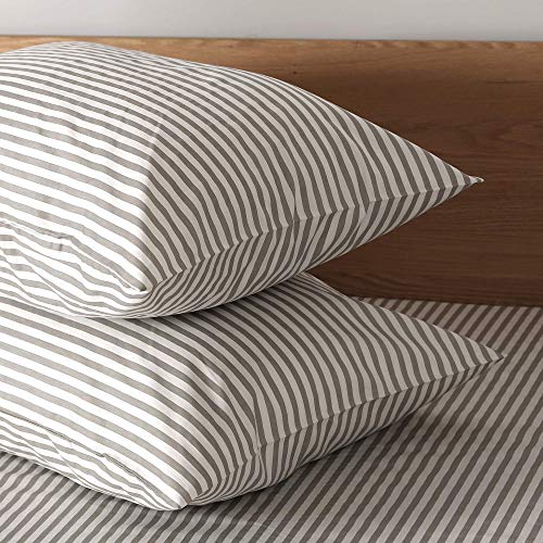JELLYMONI 100% Natural Cotton 3pcs Striped Duvet Cover Sets with Zipper Closure & Corner Ties, White Comforter Cover with Grey Stripes Pattern Printed (Full Size)