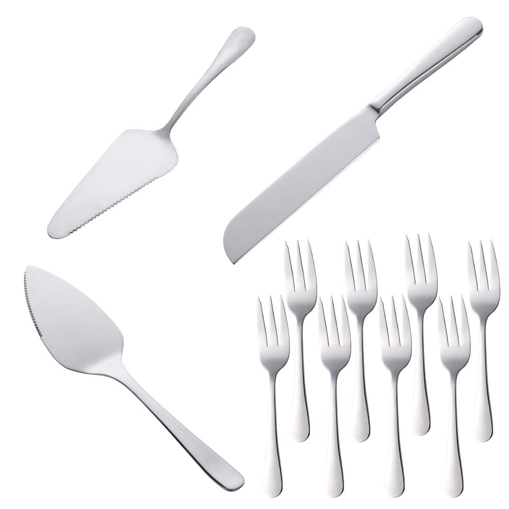 Buyer star Cake Server and Knife Set,Silver 18/8（304) Stainless Steel Big, Small Cake Shovel, Cake Knife, and Dessert Fork*8/Cake Cutting Sets for Wedding, Anniversary, Party Supplies