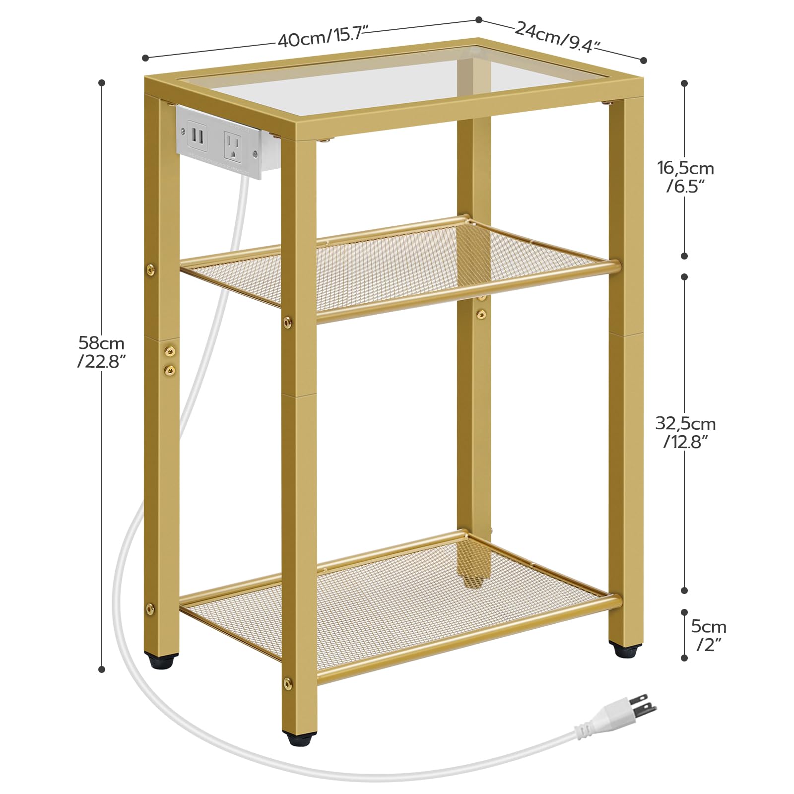 HOOBRO End Table with Charging Station, 3-Tier Side Table, Nightstand with USB Ports & Outlet, Sofa Table with Storage Shelves, Tempered Glass, Modern Style, for Living Room, Bedroom, Gold GD57UBZ01