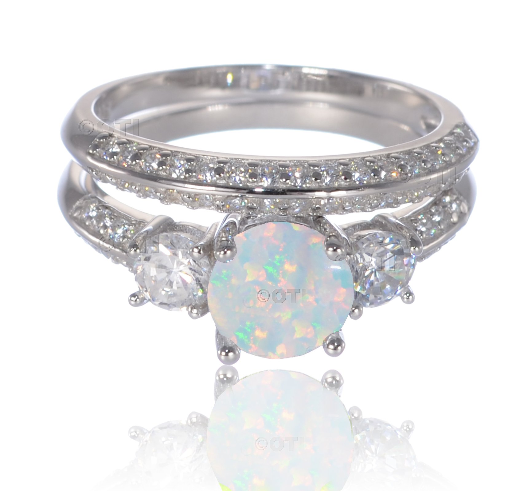 Bijoux Central 925 Sterling Silver Round Simulated White Fire Opal CZ Wedding Engagement Ring Set