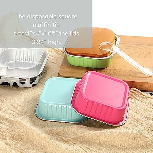 Findful Mini Cake Pans With Lids (10oz,40 Pack) Aluminum Foil Square Cupcake Liners Brownie Baking Cups,Disposable 4βx4β Large Cupcake Pan,Jumbo Muffin Tin Ramekins Holders