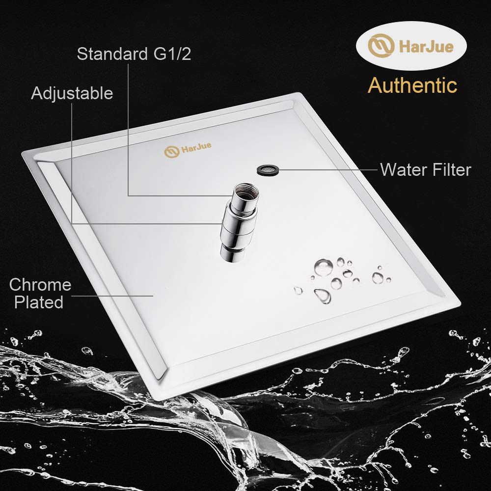 HarJue Shower Head with Extension Arm, High Pressure Square Shower Head with ShowerArm, Stainless Steel Rainfall Showerhead-Waterfall Full Body Coverage (12'' ShowerHead with 16'' Arm, Chrome)