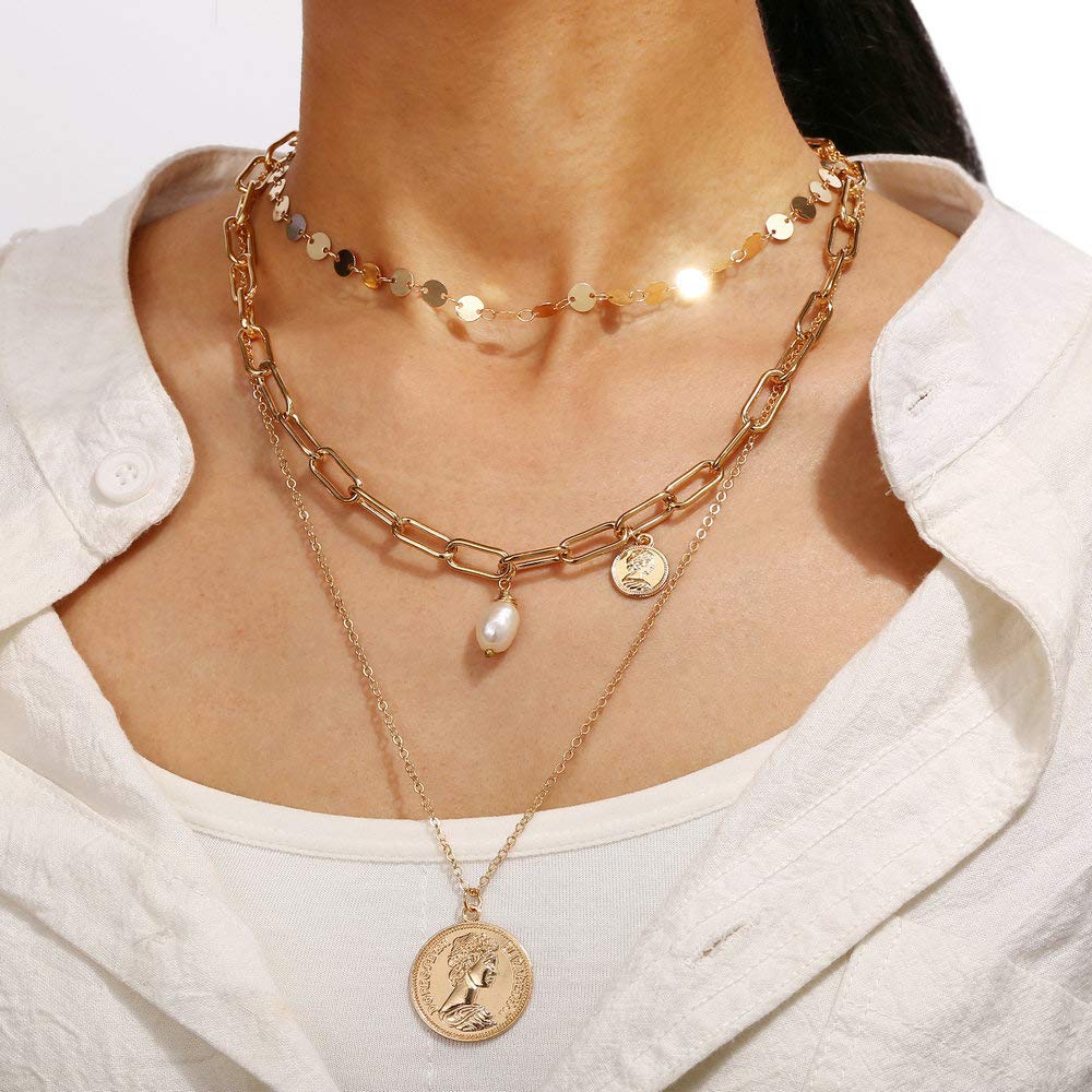 Neckcely 2 Pcs Dainty Layered Choker Necklaces Handmade Lock Heart Pendant Multilayer Adjustable Layering Chain Gold Necklaces Set for Women