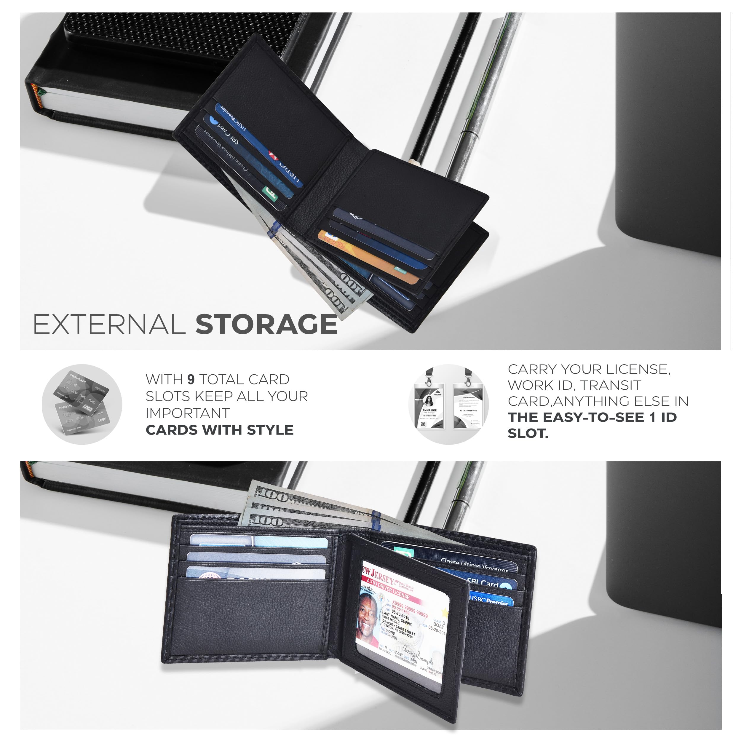 Black Wallet For Men | 9 Credit Card Slots | Bifold | Leather | RFID Wallet Blocking | Gift For Men | Minimalist Wallet
