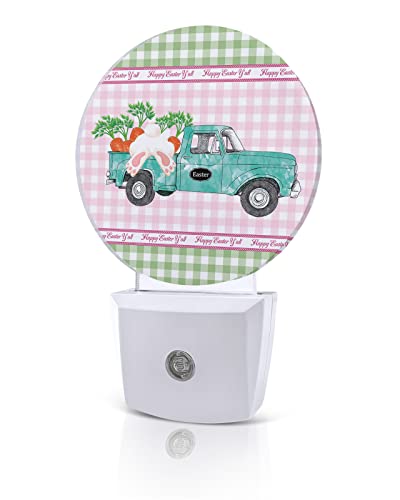 Happy Easter Truck Bunny Night Lights Plug into Wall, Pink Green Buffalo Blue Auto Round LED Lights with Dusk to Dawn Sensor for Bedroom, Bathroom, Hallway, Kitchen, Kids, Home Decor