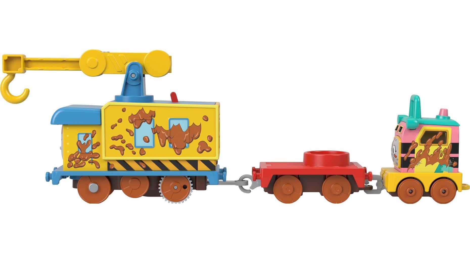 Thomas & Friends Motorized Toy Set Muddy Fix ‘em Up Friends Carly the Crane & Sandy the Rail Speeder for Preschool Pretend Play Kids Ages 3+ Years