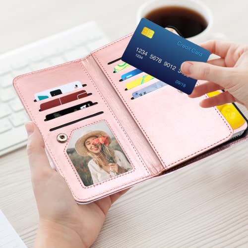 Fingic Galaxy S23 Wallet Case, 9 Card Holder, Rose Gold Marble PU Leather with Detachable Wrist Strap for Women & Girls (6.1 inch)