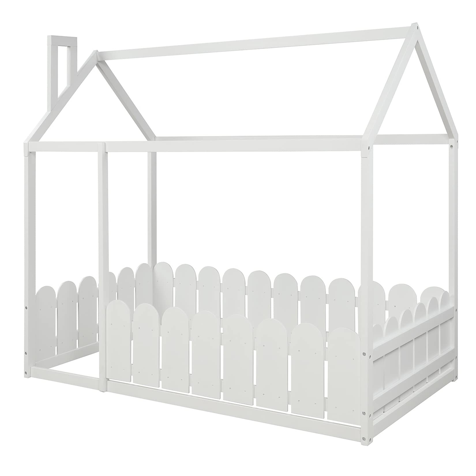 Harper & Bright Designs Kids House Beds, Twin Floor Bed with Fence Wood Cabin Bed Frame Can be Decorated for Kids, Teens, Girls, Boys, White