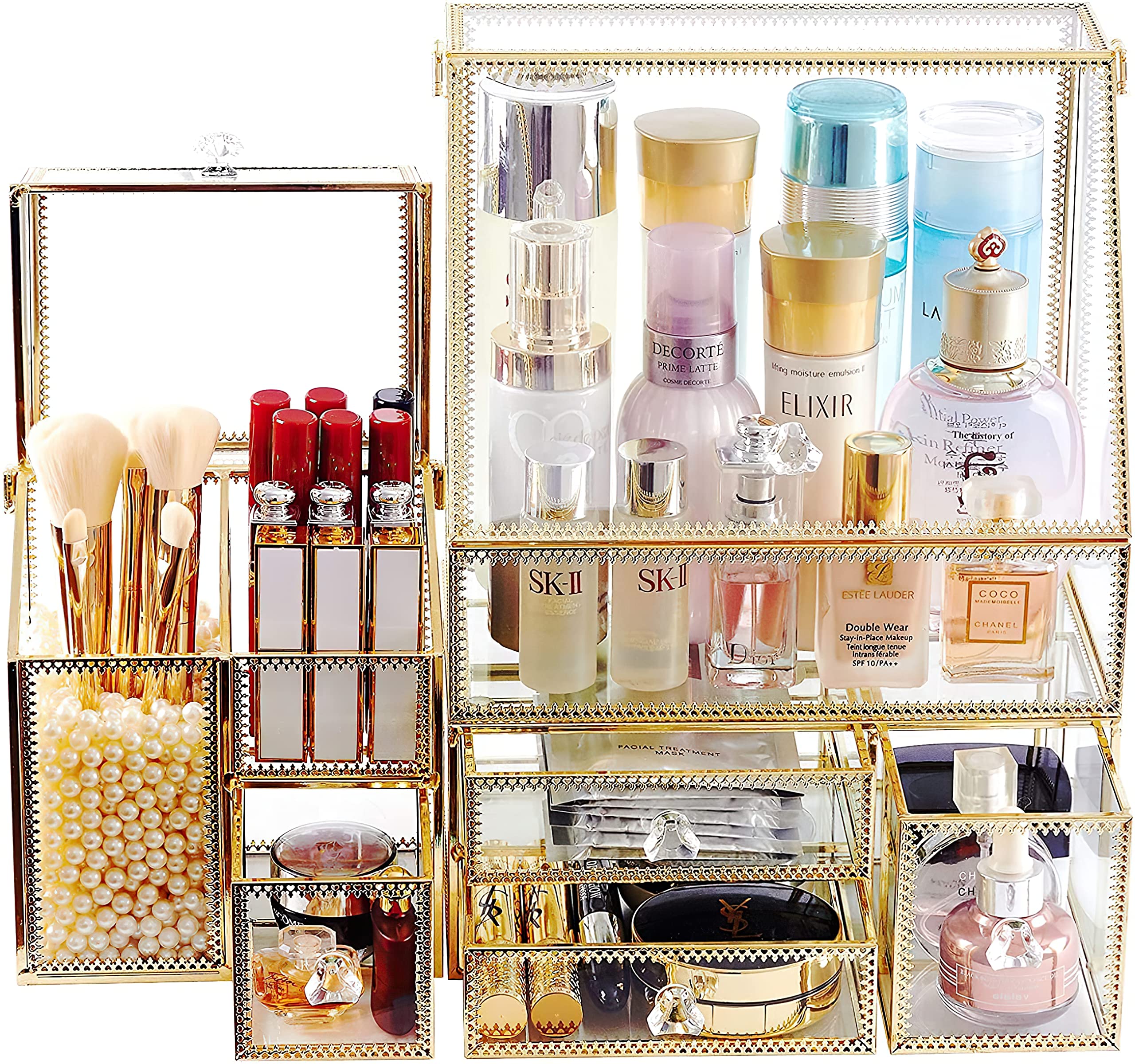 CONHENCI Large Glass Makeup Organizer Drawer Set Beauty Storage Bathroom Counter Organizer Cosmetic Display (11.5inx8.5inx5.5in)